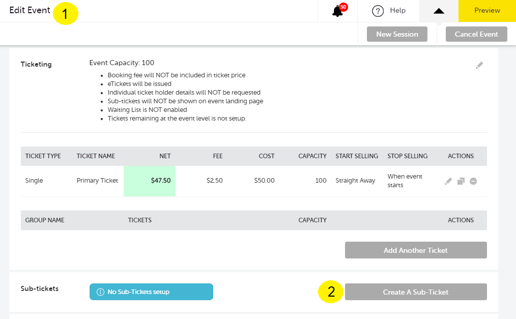 Set up sub-ticket options to upsell products and boost event sales